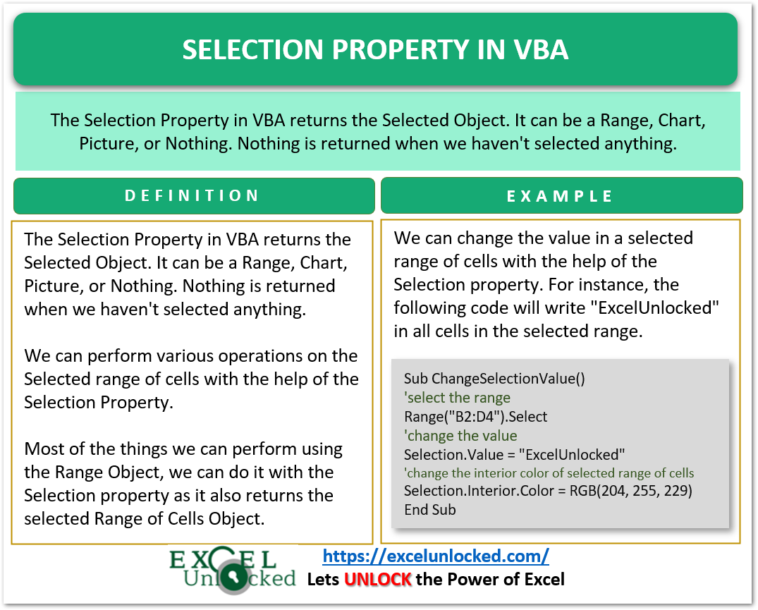 Selection Property VBA Usage With Examples Excel Unlocked
